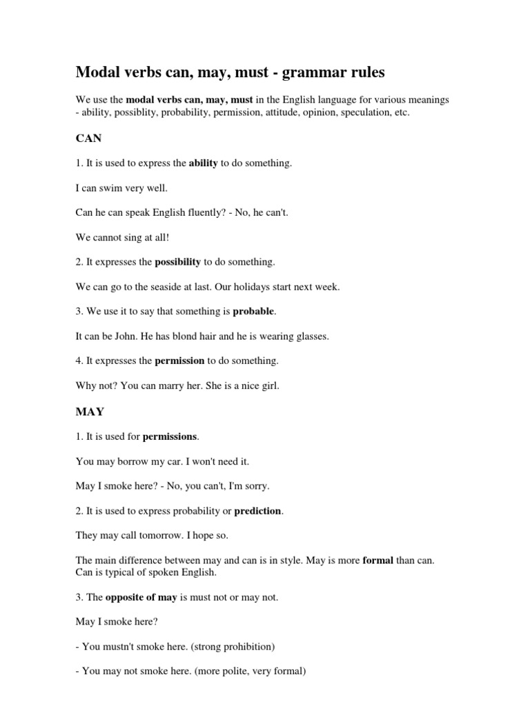 Modal Verbs Can, May, Must - Grammar Rules | PDF | Verb | English Language