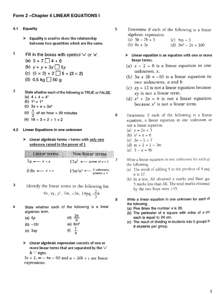 Form 2 Math Chapter 4 Linear Equation | PDF | Equations | Elementary ...