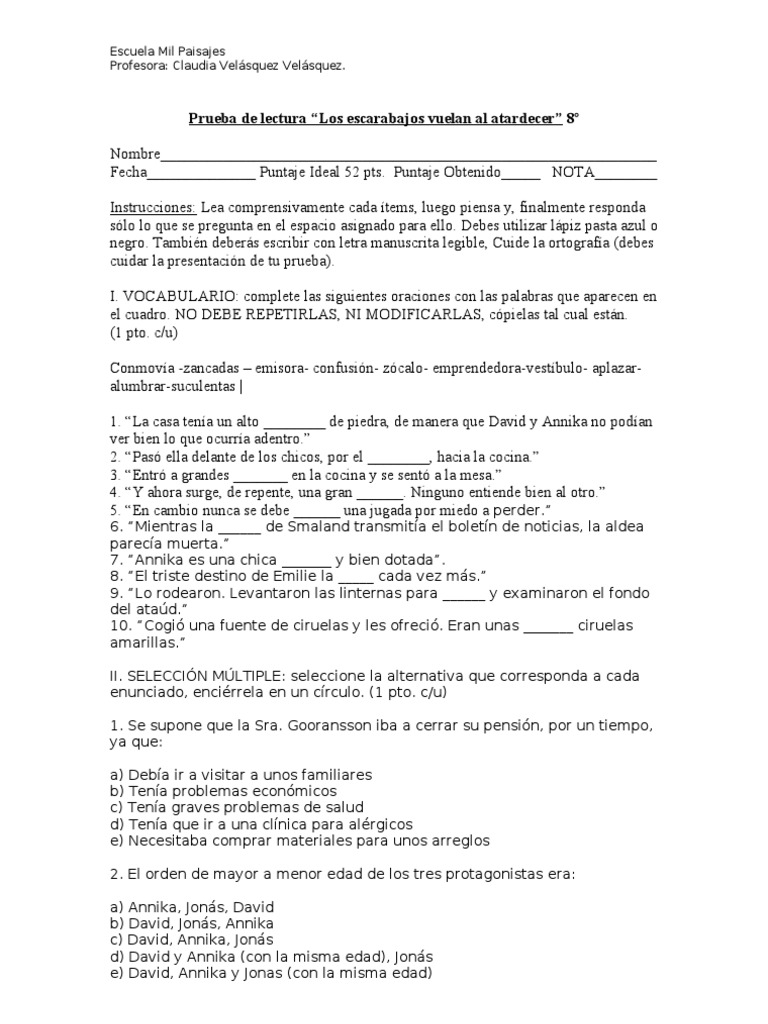 Prueba de Lectura Los Escarabajos Vuelta Al Atardecer | PDF | Jonás | David