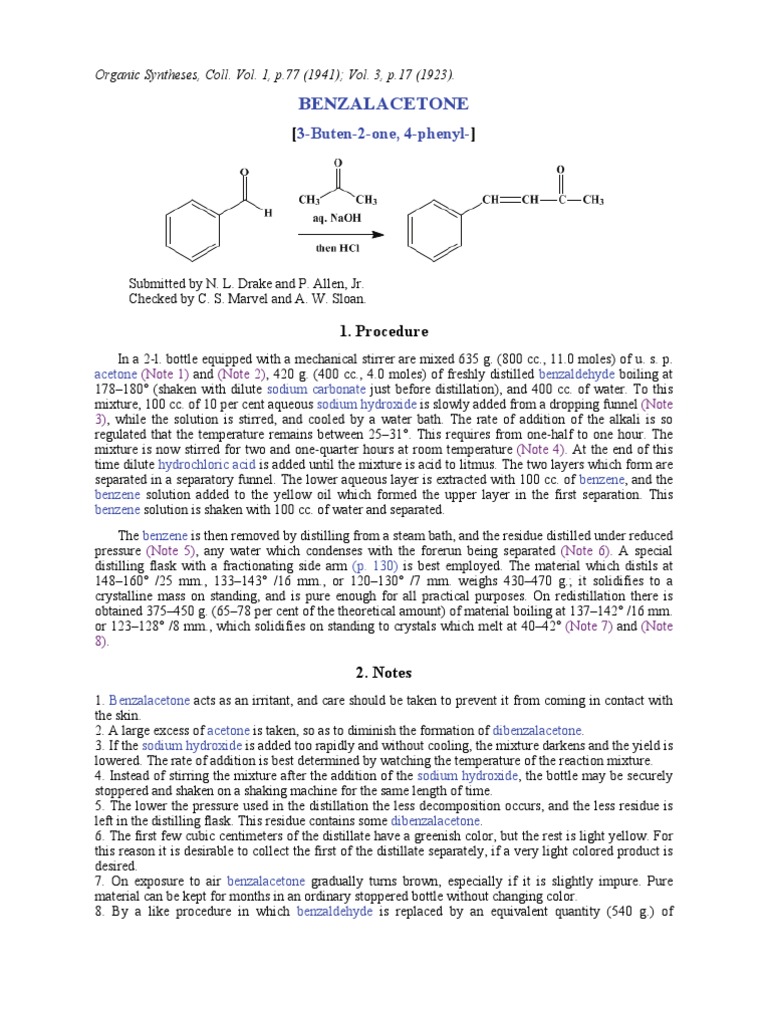 OS Coll. Vol. 1 P77-Benzalacetone | PDF | Distillation | Chemical ...
