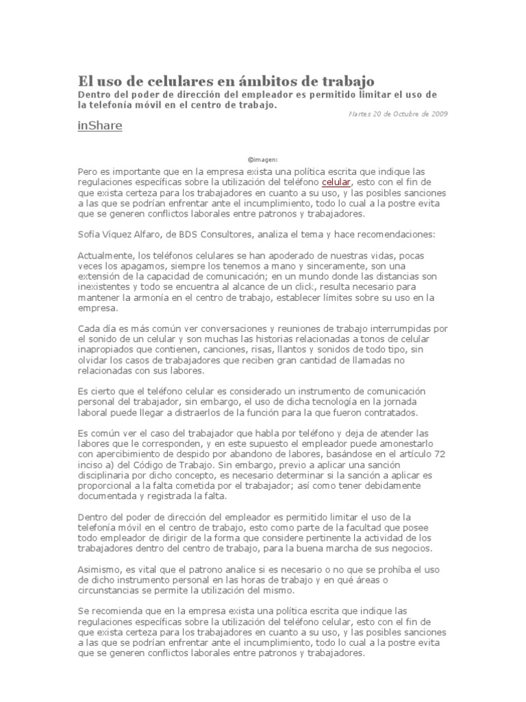 Uso de Celulares en el Trabajo: Regulaciones | PDF | Telefonía móvil ...