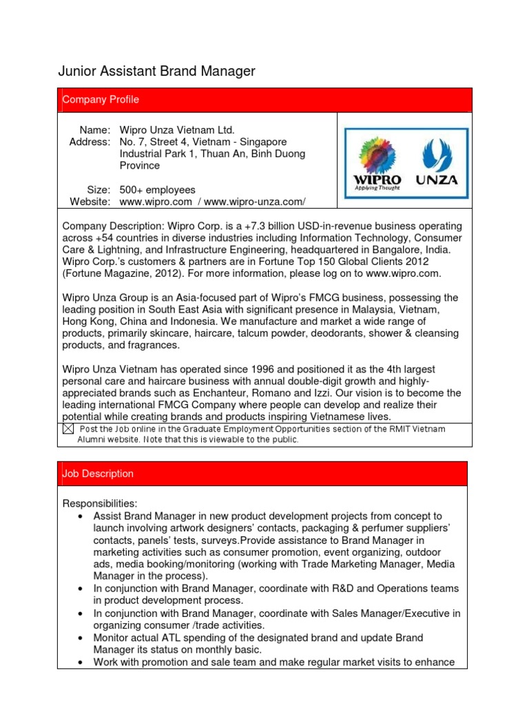 Wipro Unza VN Junior Assistant Brand Manager | PDF | Vietnam | Brand ...