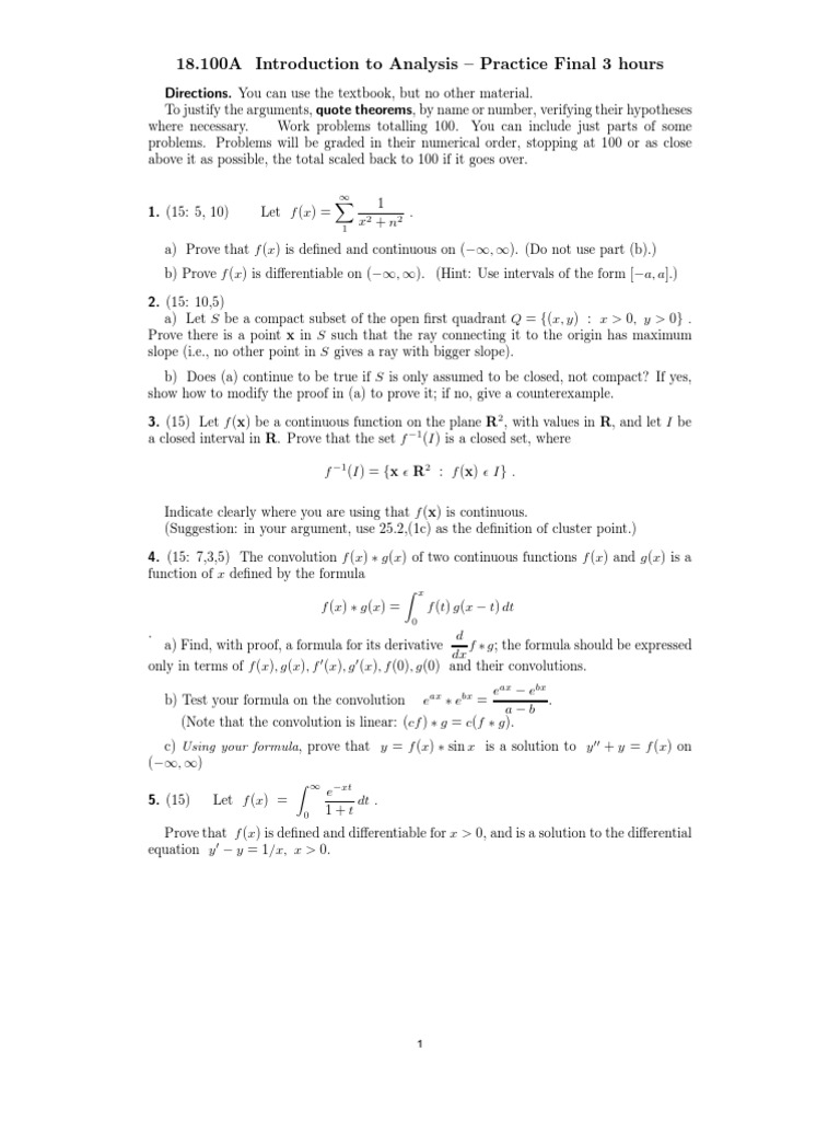 18.100A Introduction To Analysis - Practice Final 3 Hours | PDF | Continuous Function | Sequence