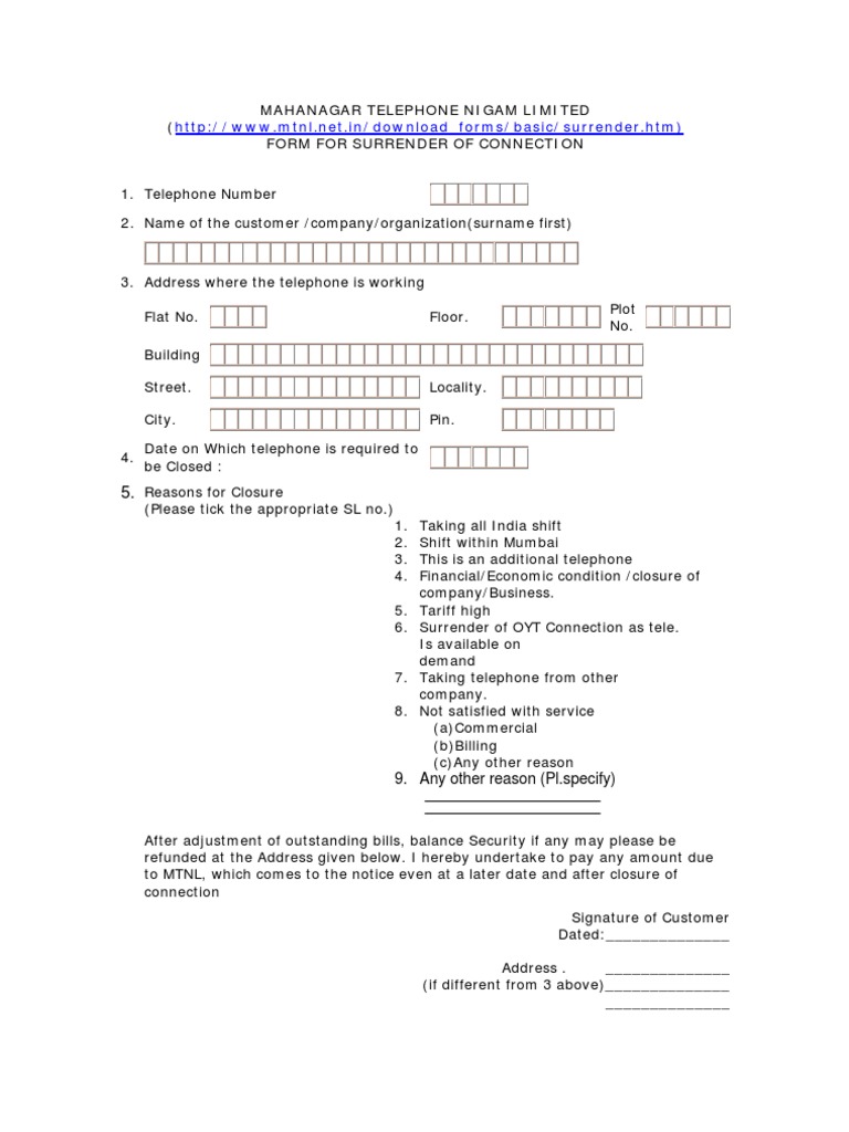 Mahanagar Telephone Nigam Limited ( Form For Surrender Of Connection