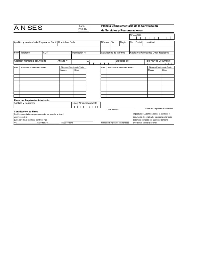 Anses: Planilla Complementaria de La Certificación de Servicios y Remuneraciones | PDF