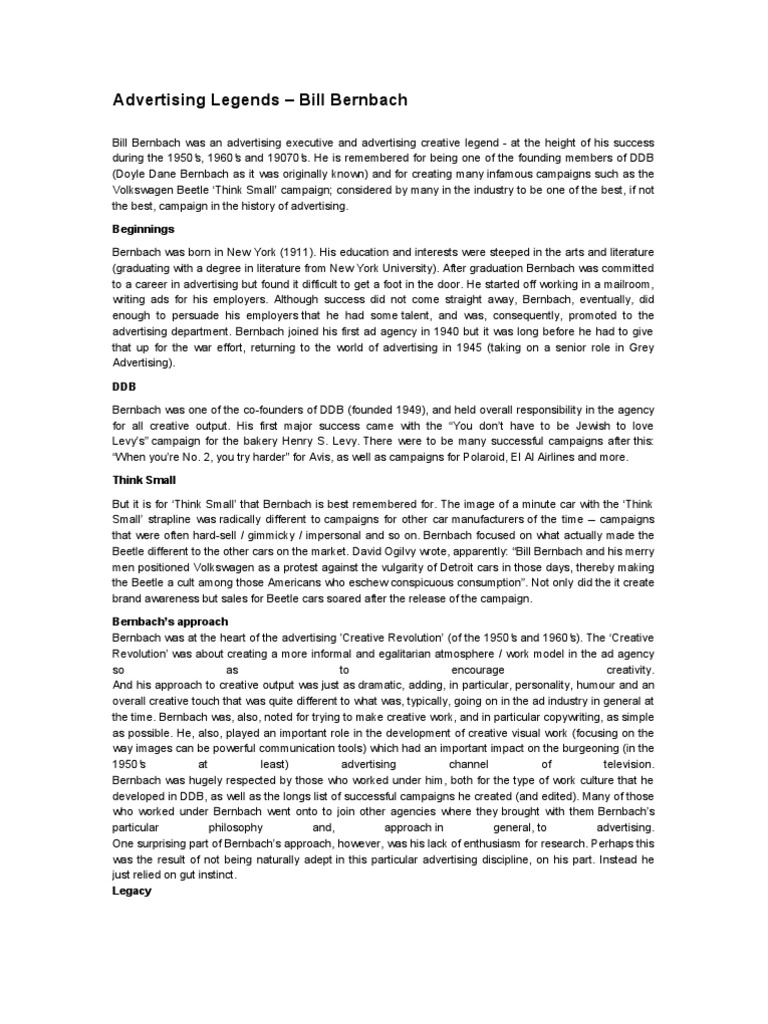 Bill Bernbach: Advertising Pioneer | PDF | Advertising Industry ...