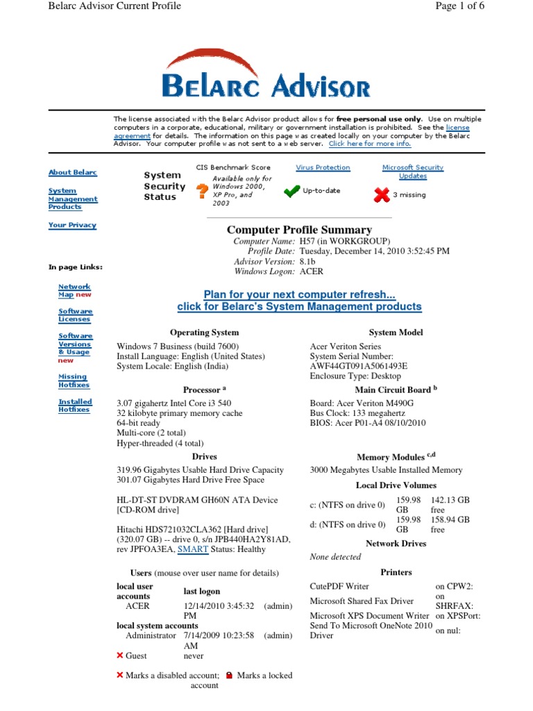 Belarc Report PDF | PDF | Microsoft Windows | Internet Information Services