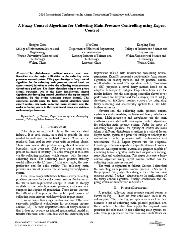 A Fuzzy Control Algorithm For Collecting Main Pressure Controlling Using Expert Control Pdf