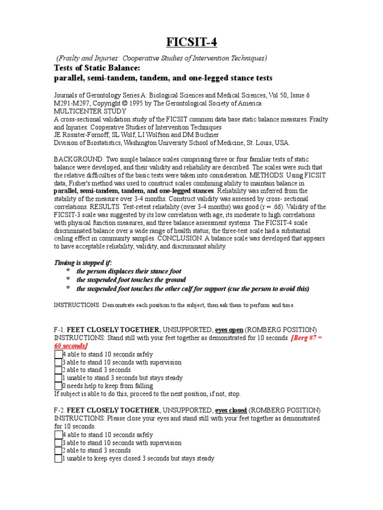 Ficsit-4: Tests of Static Balance: Parallel, Semi-Tandem, Tandem, and ...