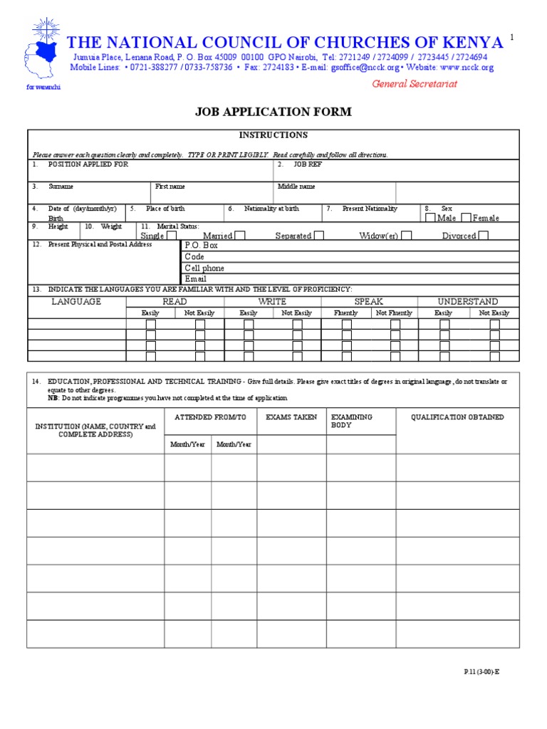 The National Council of Churches of Kenya: Job Application Form | PDF ...