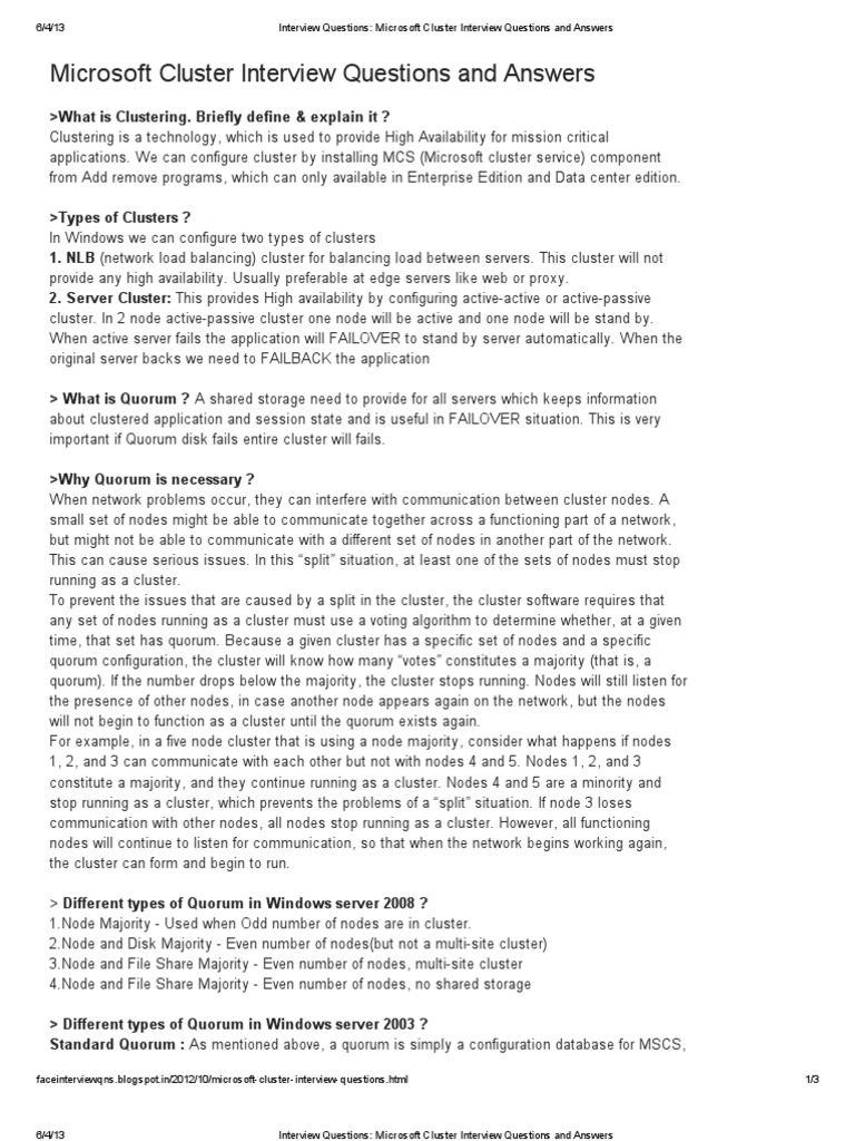 Interview Questions - Microsoft Cluster Interview Questions and Answers | PDF | Computer Cluster ...