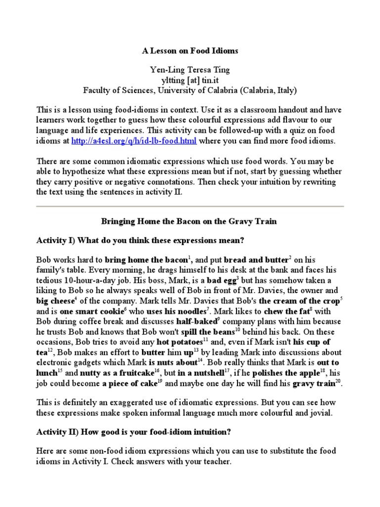 A Lesson On Food Idioms | PDF