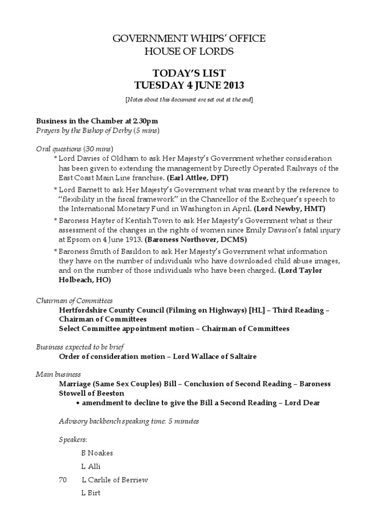 Government Whips' Office House of Lords: Today'S List Tuesday 4 June ...