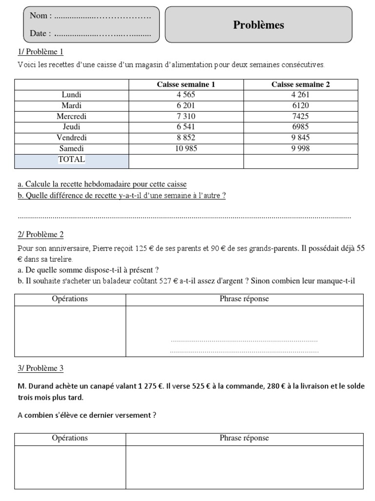 Problèmes Additifs Et Soustractifs - Cm2 - Exercices Corrigés - Calcul ...