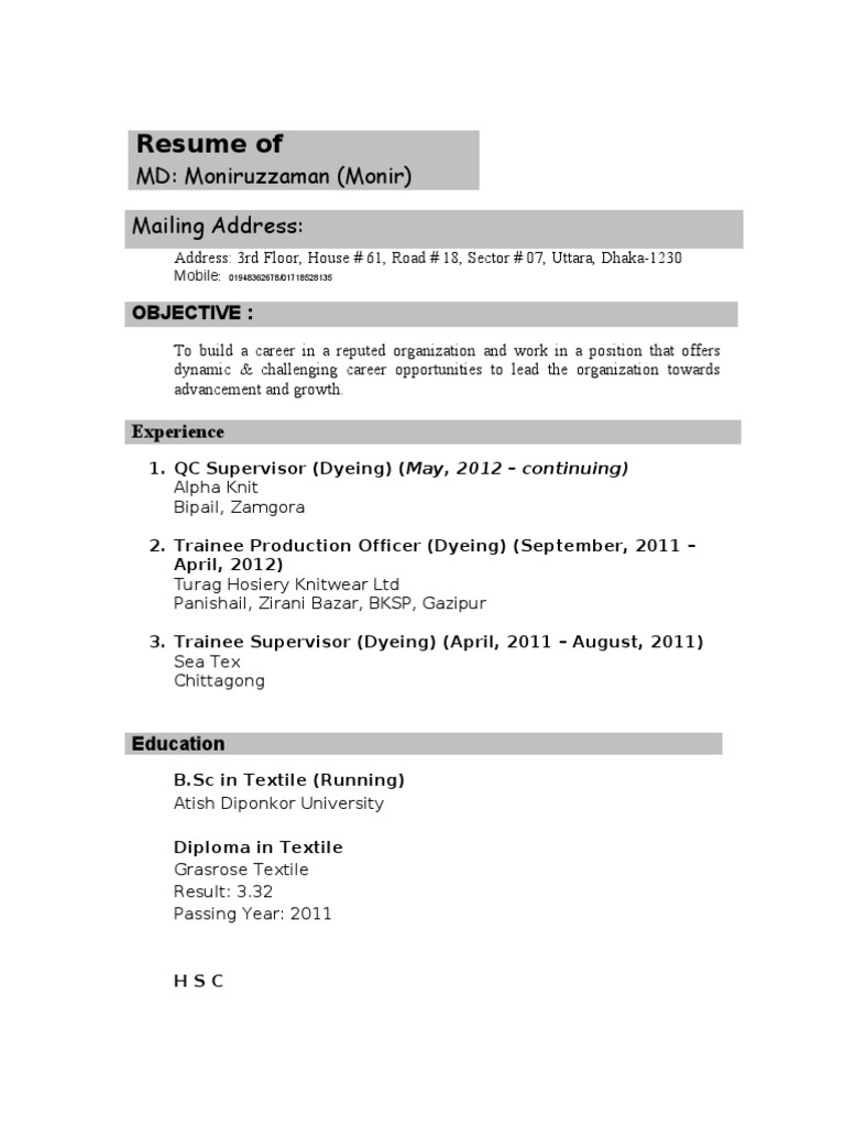 Resume Of: MD: Moniruzzaman (Monir) Mailing Address | PDF