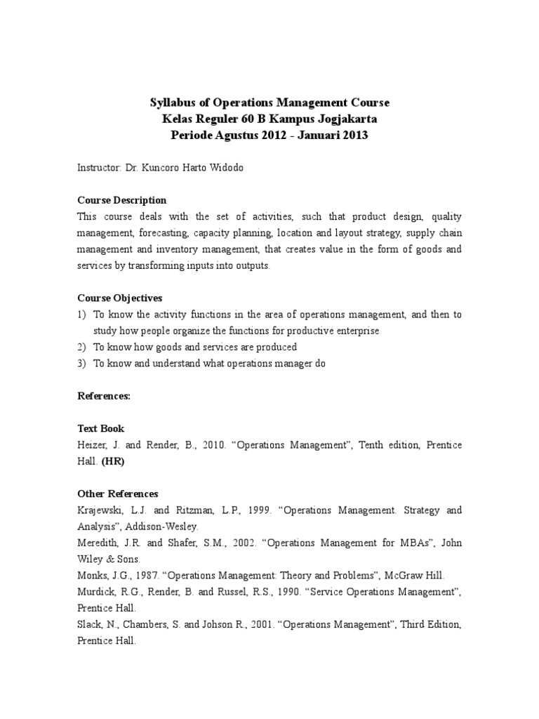 Operations Management Course Syllabus | PDF | Operations Management ...