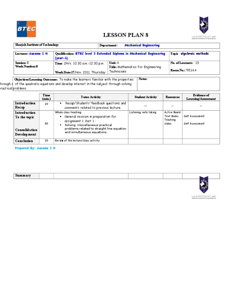 Lesson Plan 8: Ausama I.H. BTEC Level 3 Extended Diploma in Mechanical ...