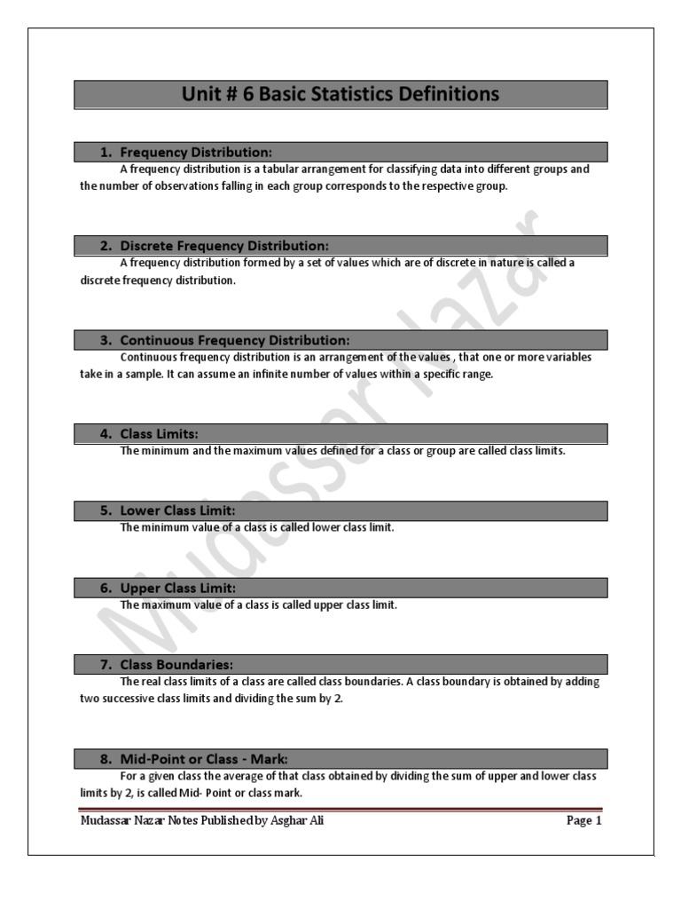 Unit 6 Basic Statistics Definitions | PDF | Arithmetic Mean ...
