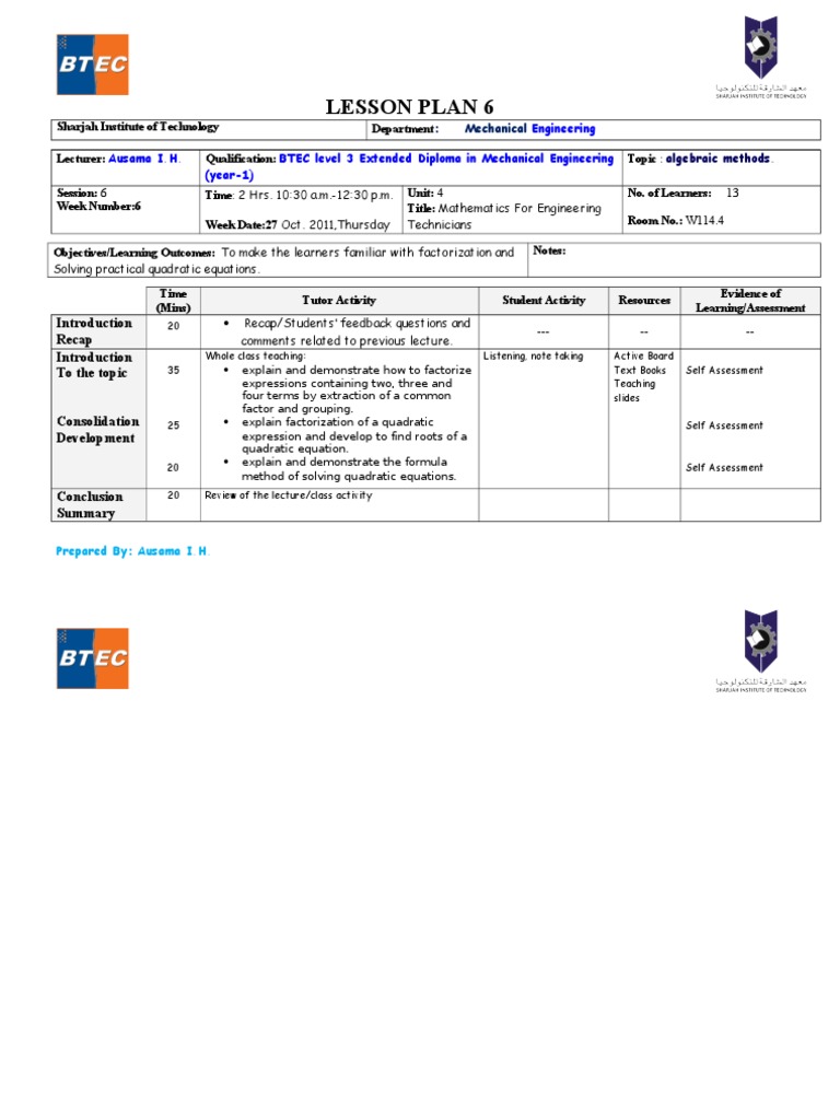 Lesson Plan 6: Ausama I.H. BTEC Level 3 Extended Diploma in Mechanical ...