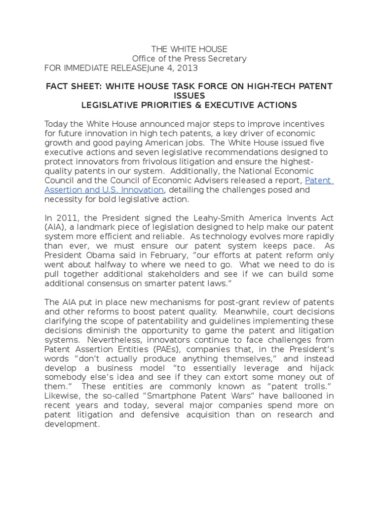 White House Patent Fact Sheet | PDF | Patent | Copyright Infringement