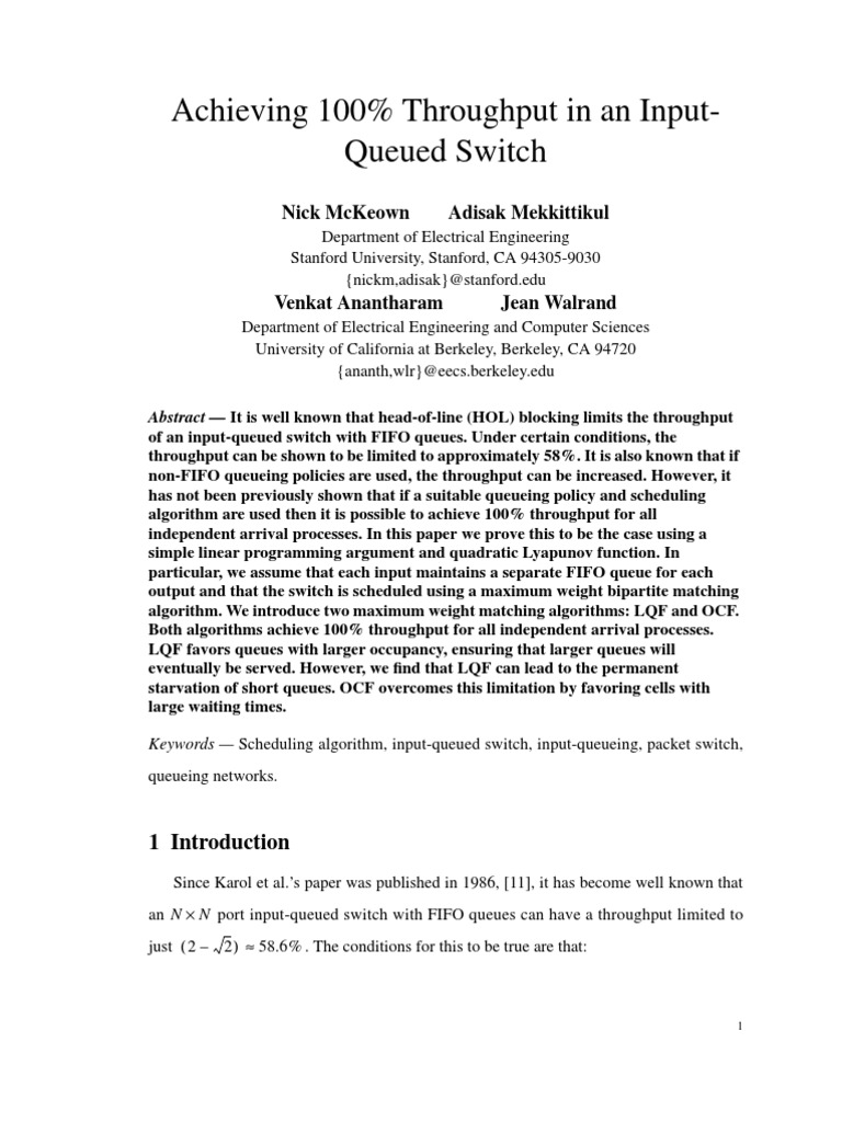 Achieving 100% Throughput in An Input-Queued Switch | PDF | Matrix (Mathematics) | Mathematical ...