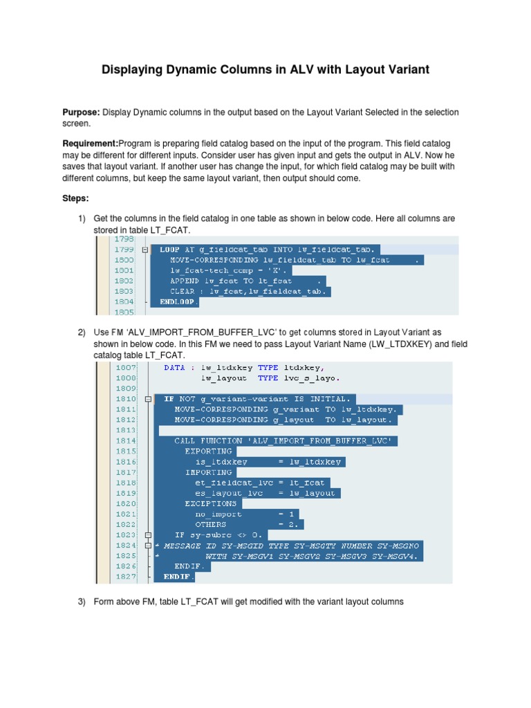 Displaying Dynamic Columns in ALV With Layout Variant | PDF