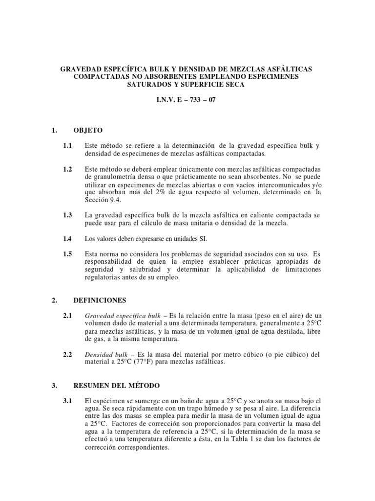 Norma INV E-733-07 | PDF | Densidad | Masa
