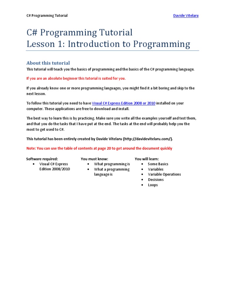 Lesson 1 - Introduction To Programming | PDF | C Sharp (Programming ...