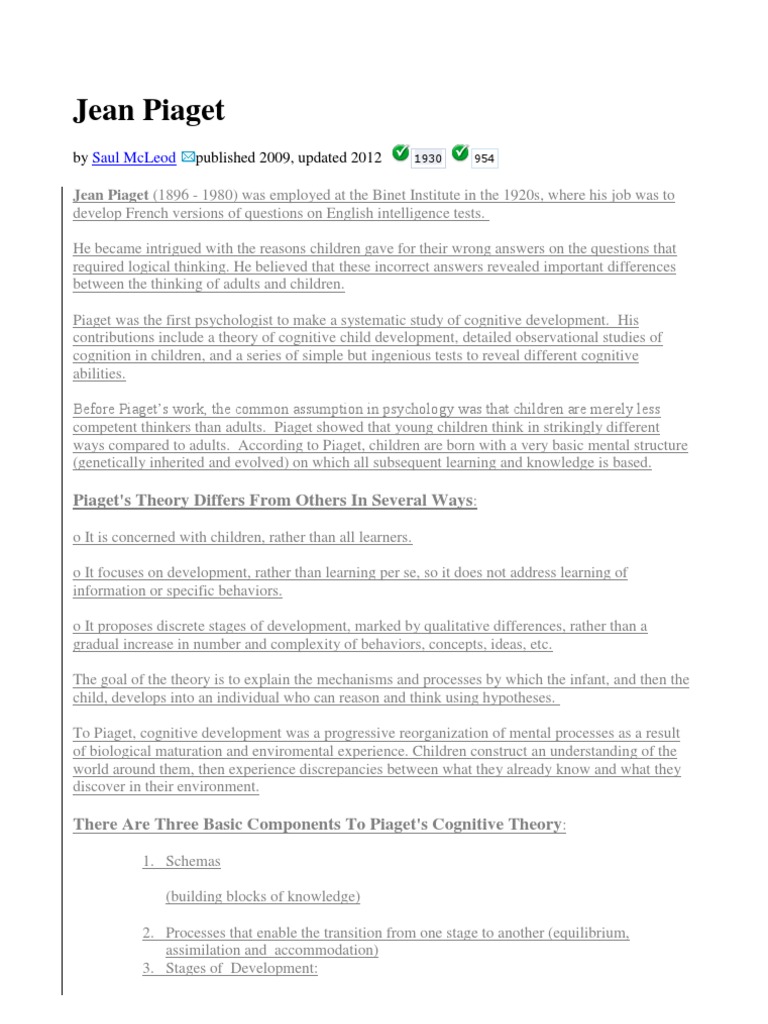 Jean Piaget | PDF | Schema (Psychology) | Cognitive Development