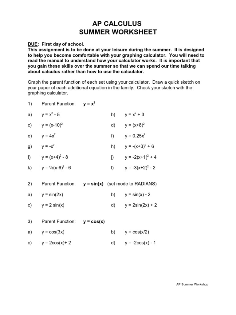 AP Calculus AB 2013 Summer Packet | PDF | Trigonometric Functions ...