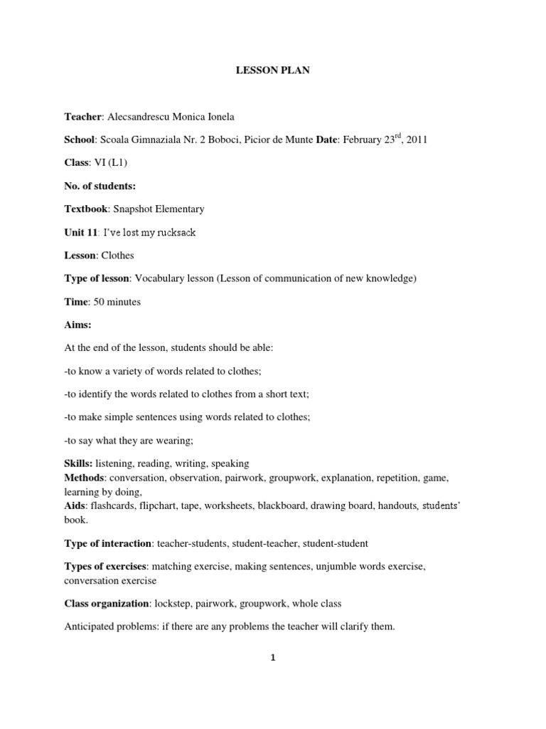 Lesson Plan Clothes | PDF | Lesson Plan | Vocabulary