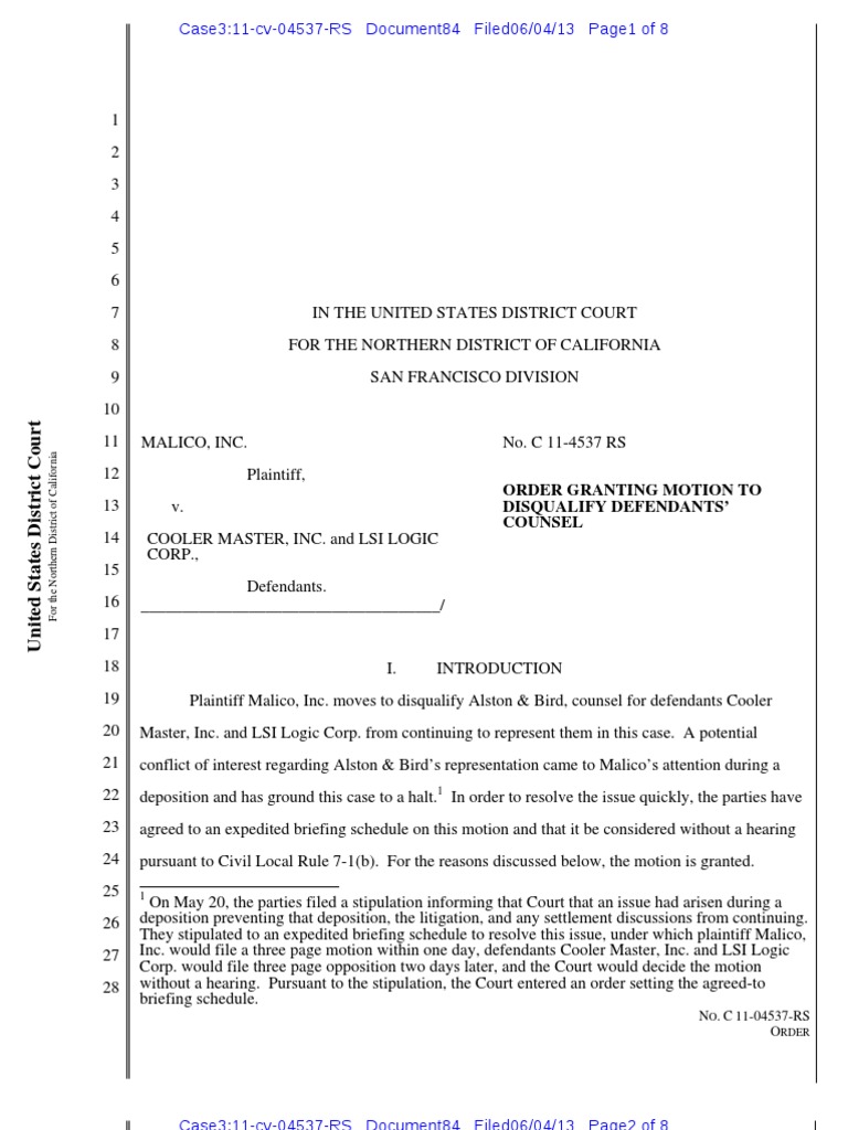 Order Granting Motion To Disqualify Counsel | Patent | Confidentiality