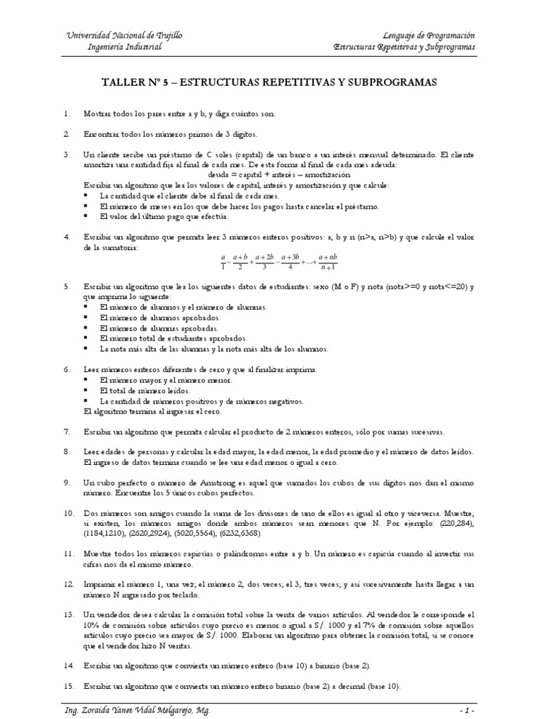 Taller #5 Estructuras Repetitivas y Subprogramas | PDF | Algoritmos | Número primo