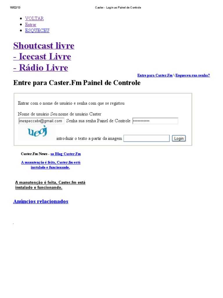 RÁDIO Caster - Login Ao Painel de Controle | PDF