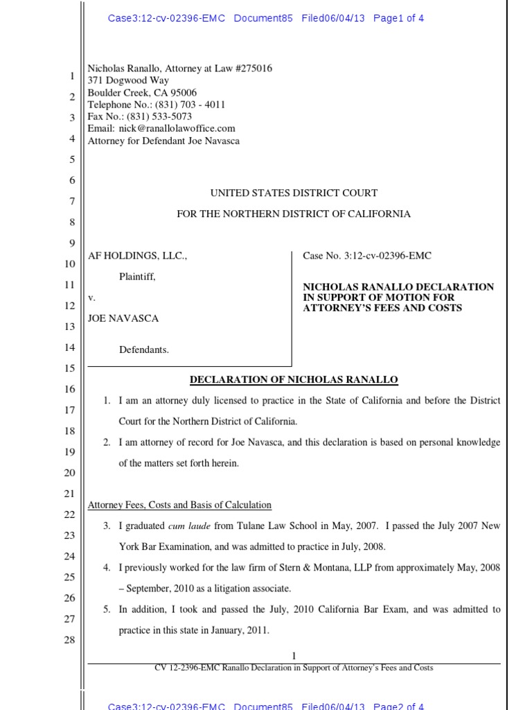 Ranallo Declaration for Attorney Fees | PDF | Attorney's Fee | Lawyer