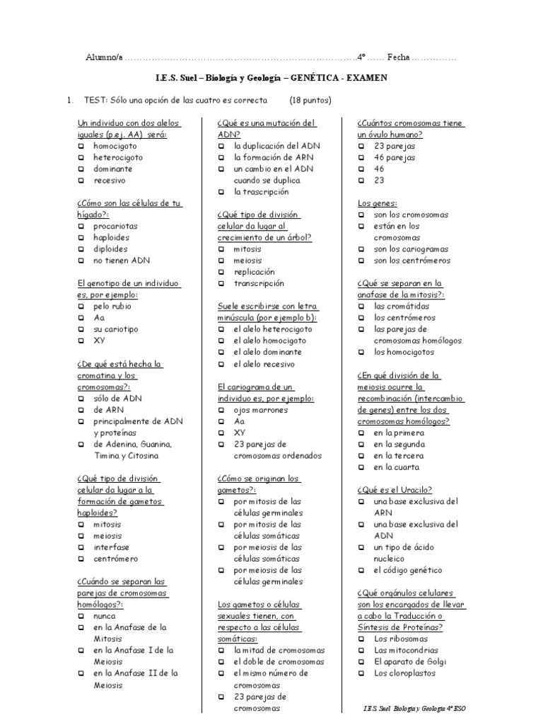 Examen de Genética para 4º ESO | PDF | Mitosis | Dominancia (Genética)