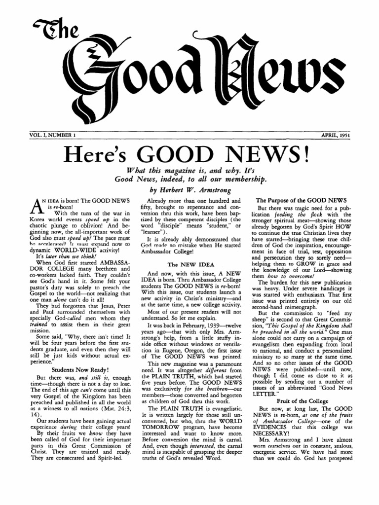 Good News 1951 (Vol I No 01) Apr - W | PDF | Baptism | Etiquette