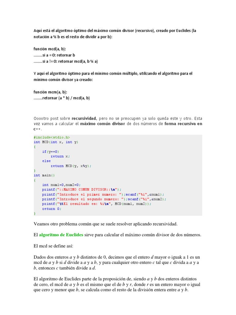 Algoritmos MCD y MCM en C++ | PDF | Algoritmos | División (Matemáticas)
