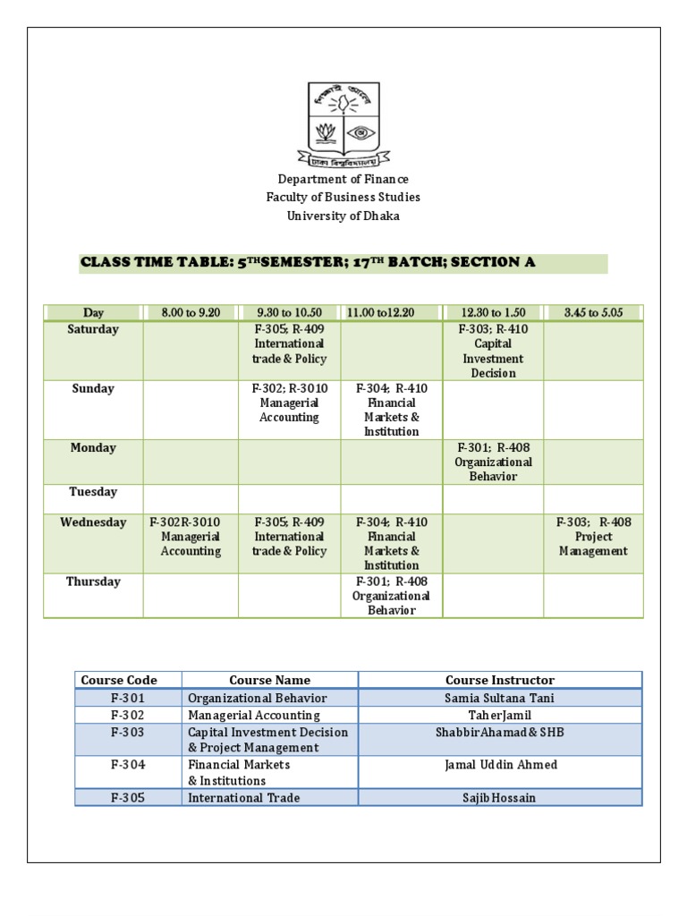 5th Semester Class Timetable - Dhaka University | PDF | Economies ...