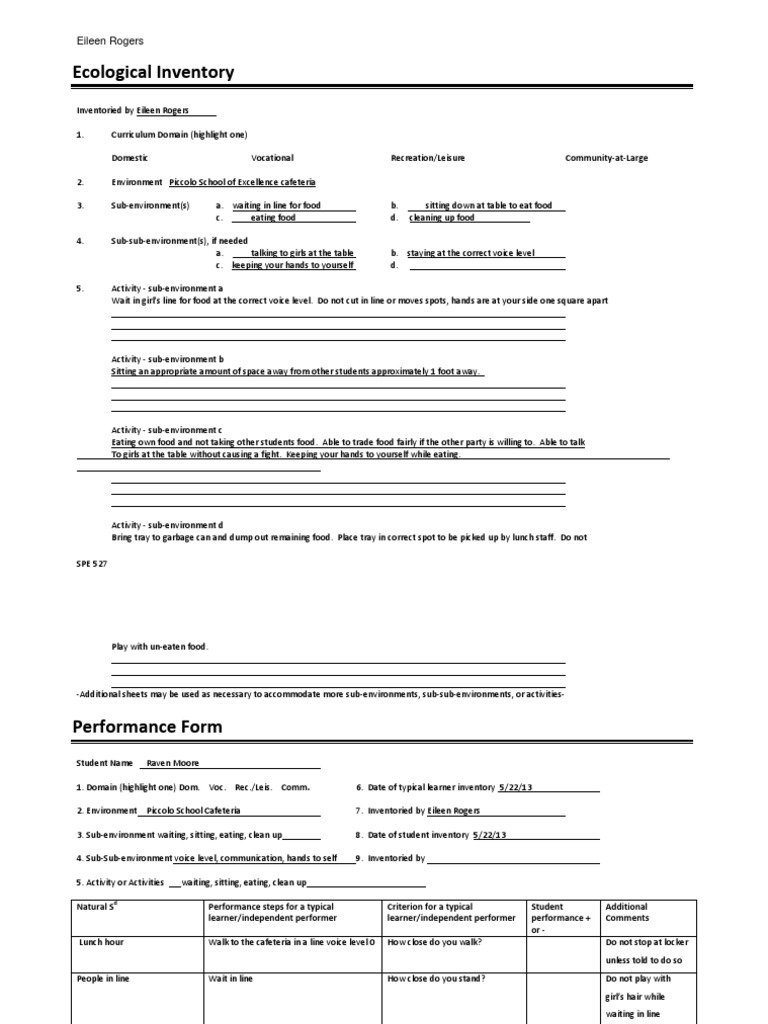 Ecological Inventory for Cafeteria Activities | PDF | Foods