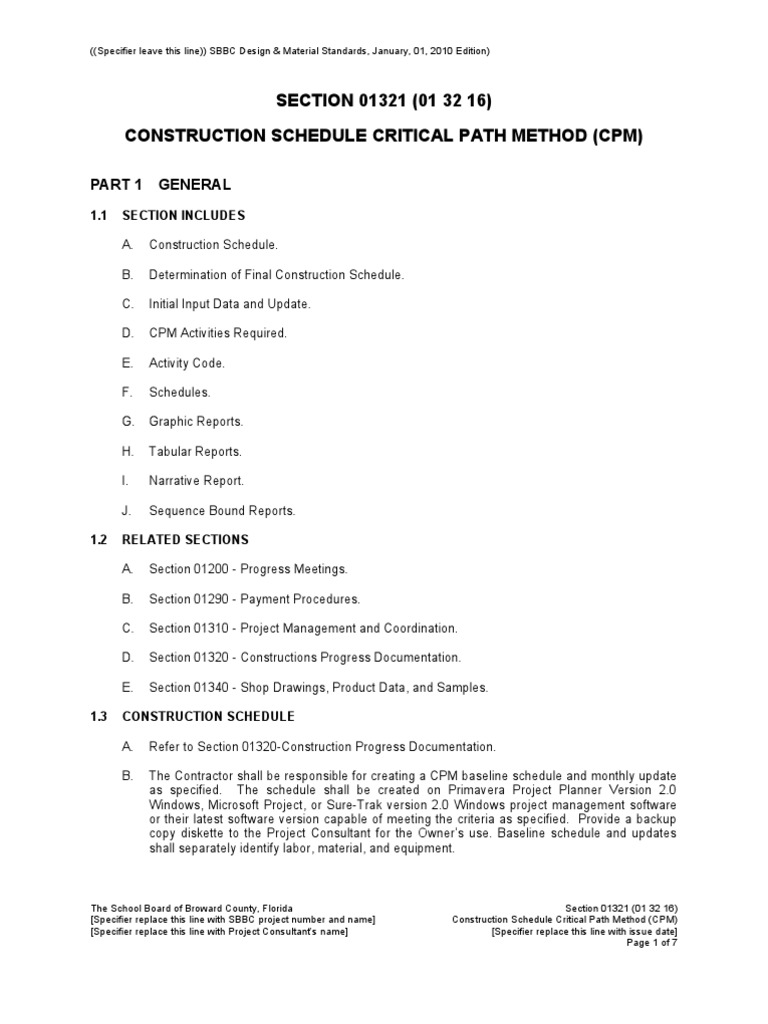 (01 32 16) Construction Schedule Critical Path Method-CPM | PDF ...