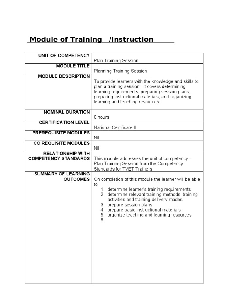 2 - MODULE - Plan Training Session | PDF | Competence (Human Resources) | Educational Assessment