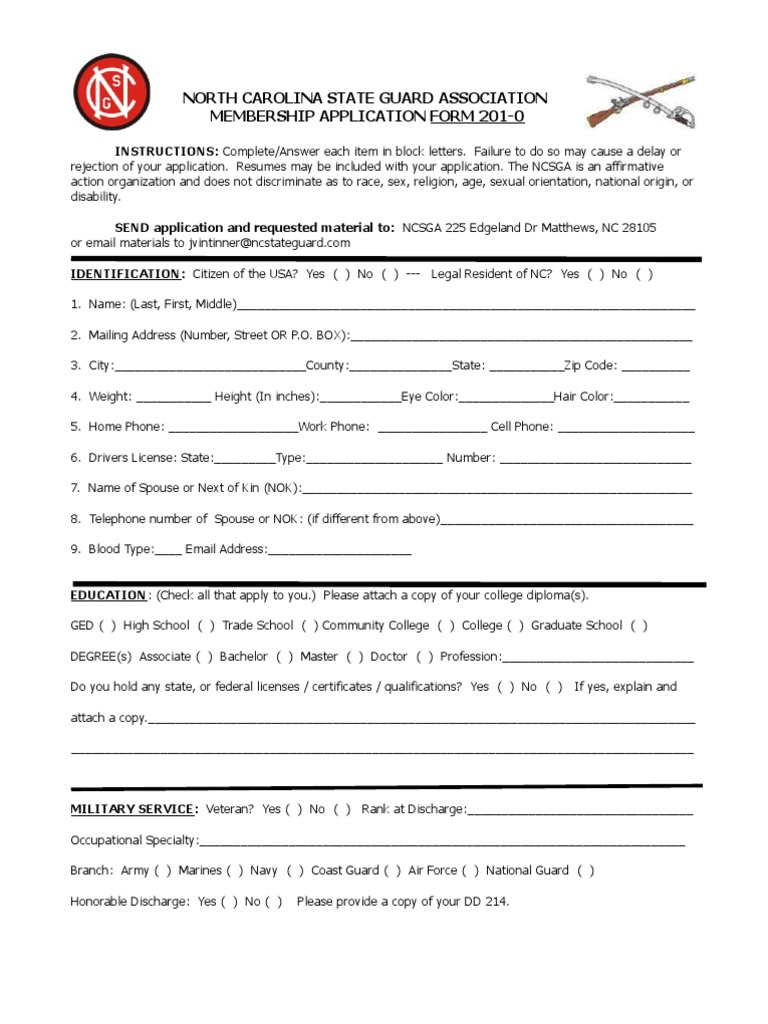 North Carolina State Guard Association Membership Application Form 201 ...