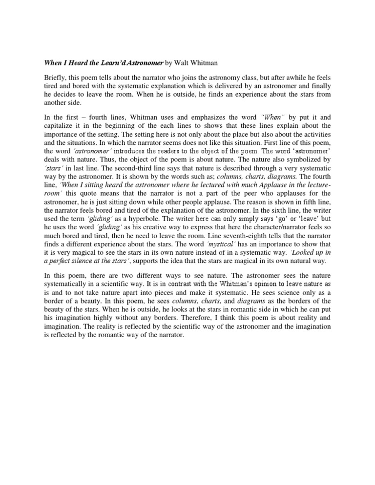 When I Heard The Learn'd Astronomer by Walt Whitman | PDF | Narration ...