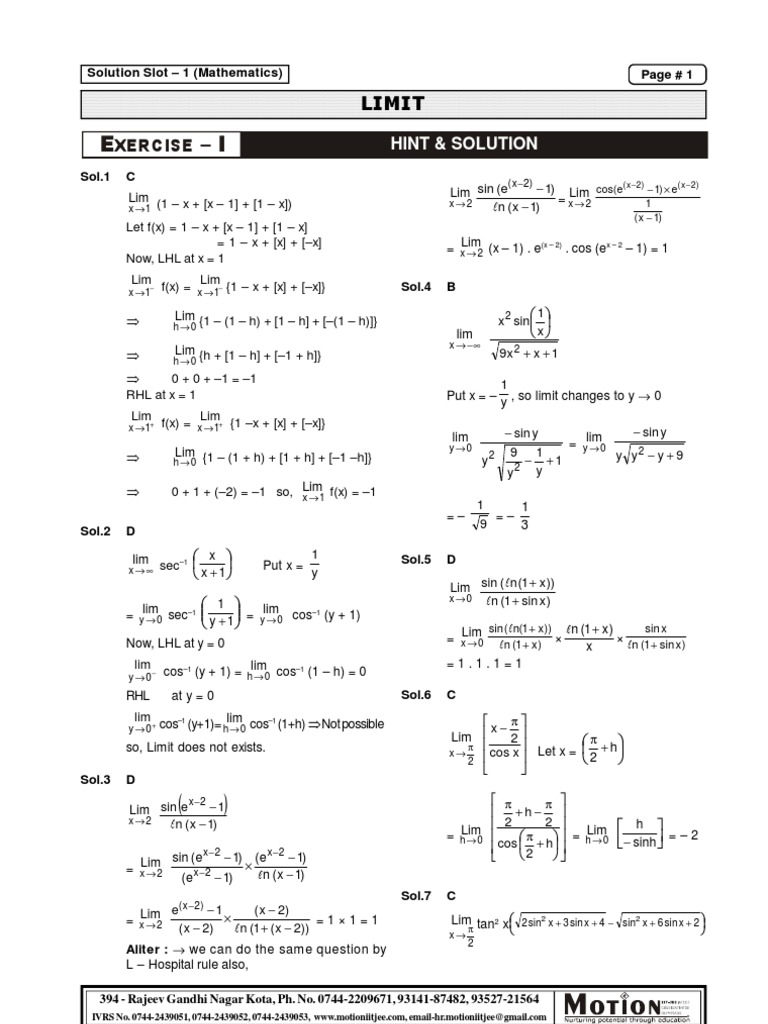 Mathematics Limit Solutions and Exercises | PDF