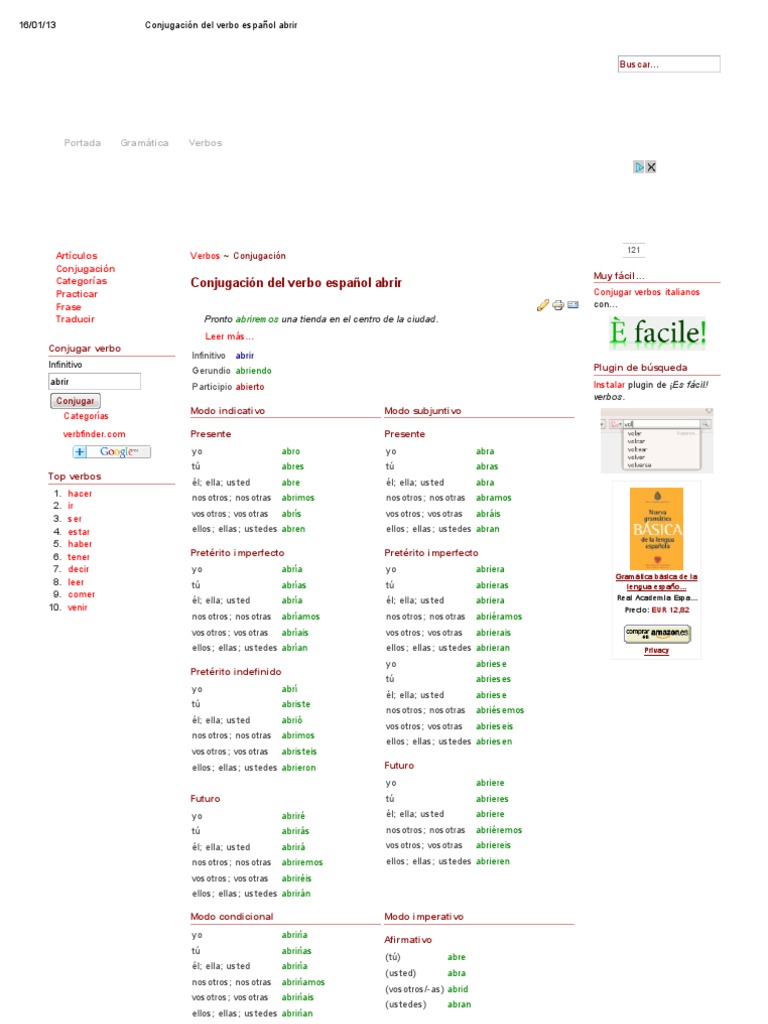 Conjugación Del Verbo Español Abrir | PDF | Conjugación gramatical | Verbo