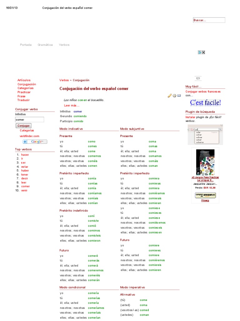 Conjugación Del Verbo Español Comer | PDF | Conjugación gramatical | Verbo