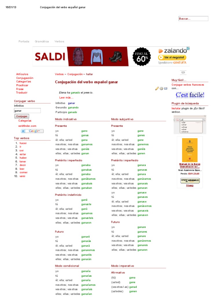 Conjugación Del Verbo Español Ganar | PDF | Conjugación gramatical | Verbo