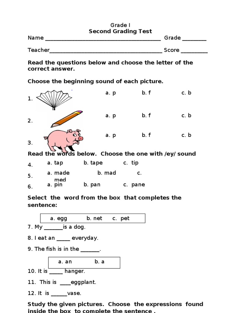 Grade 1 English Test Questions | PDF