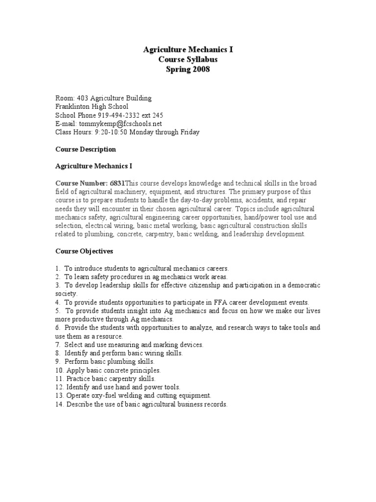 Agriculture Mechanics I Course Syllabus | PDF | Students | Test ...